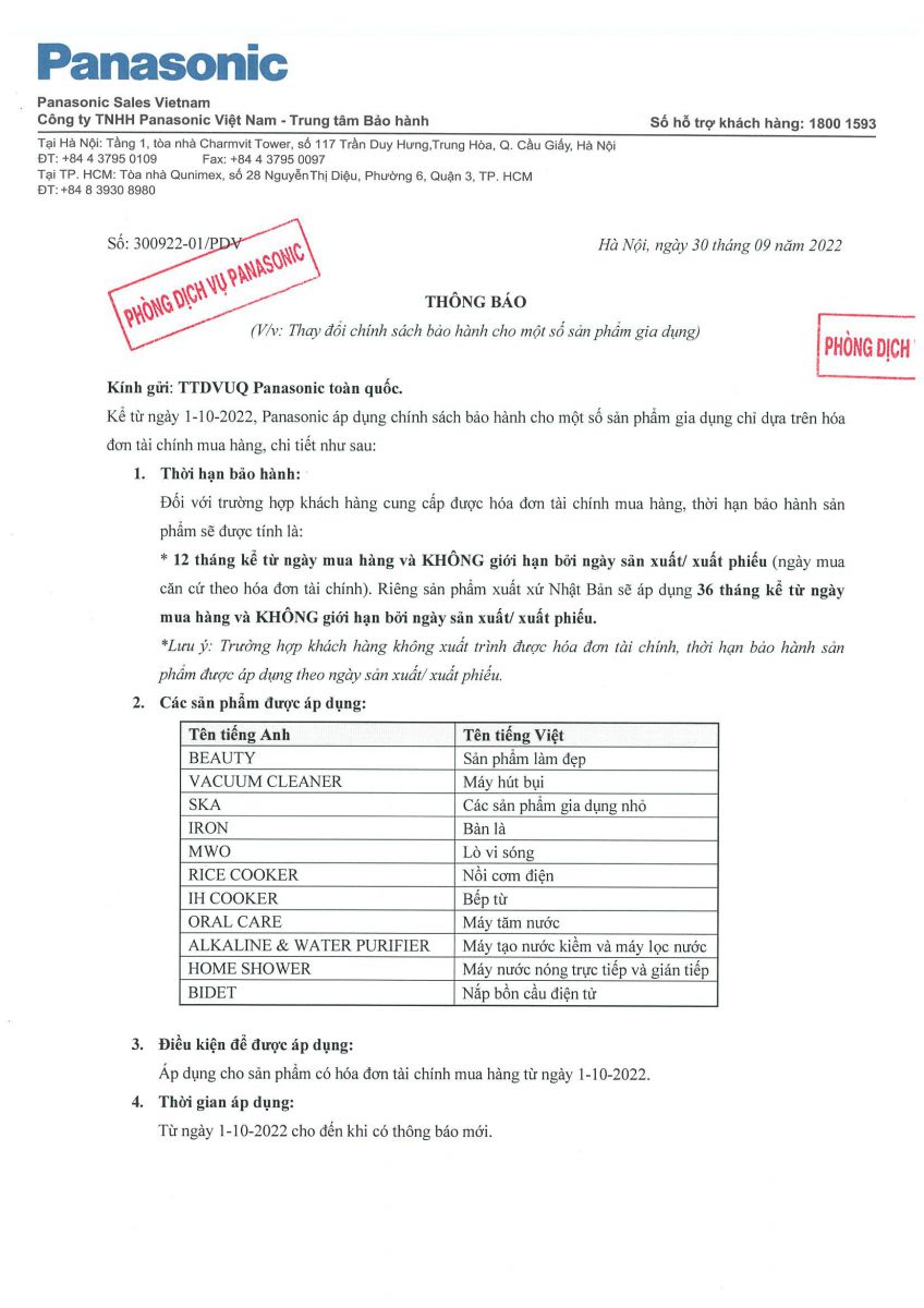 Thông báo cập nhật bảo hành sản phẩm Panosonic năm 2023